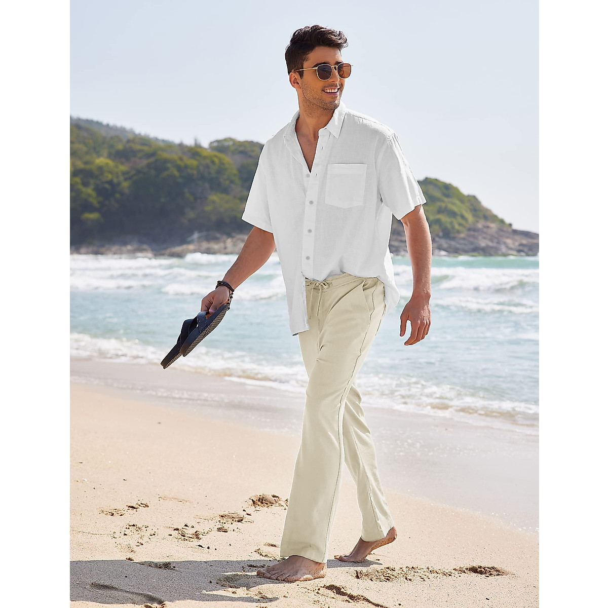 COOFANDY Men's Linen Beach Pants Loose Fit Drawstring Casual Pants Lightweight Baggy Cotton Trousers, Beige, X-Large