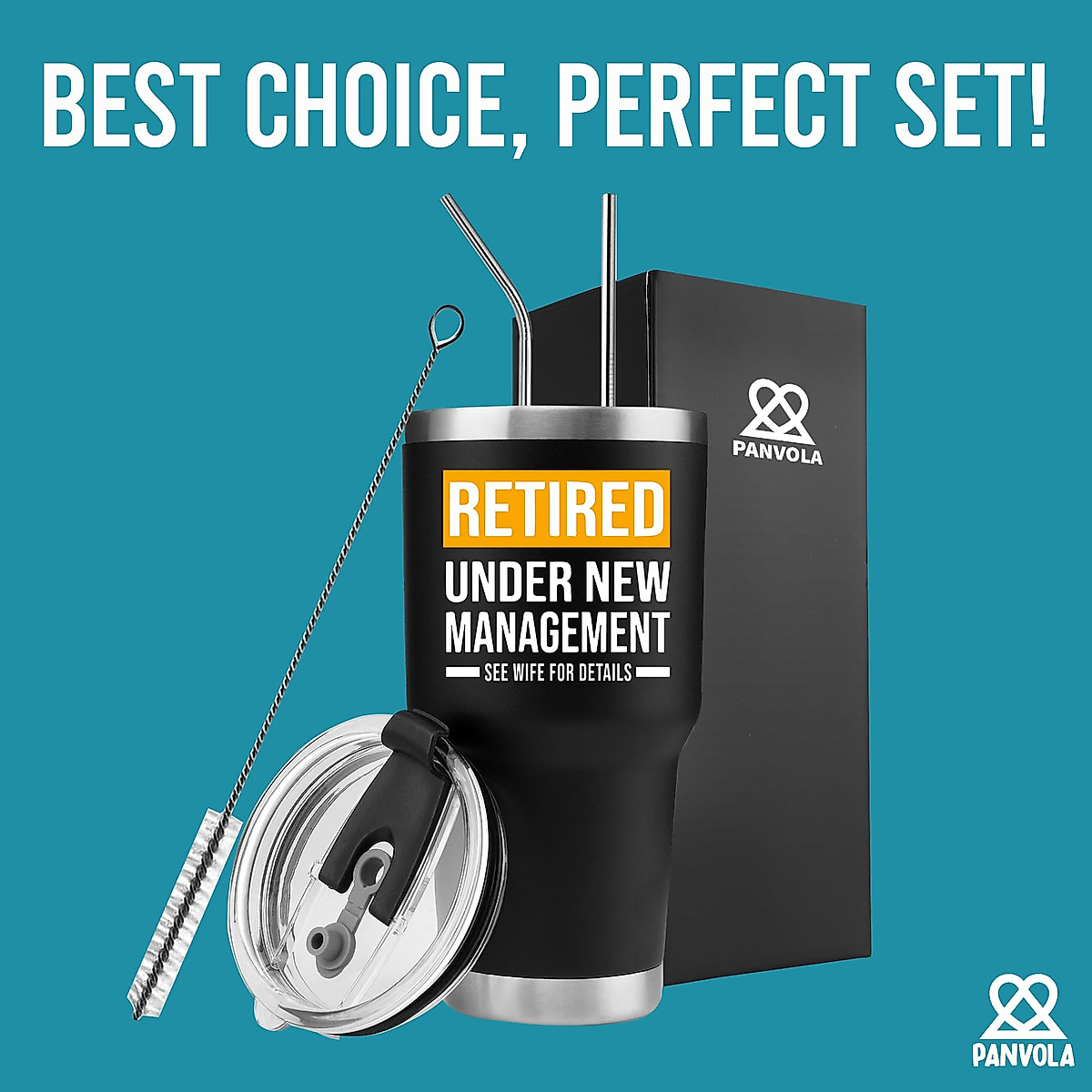 Panvola Retired Under New Management See Wife for Details Funny Retirement Gifts to Husband Retired Dad Retiree Mug Vacuum Insulated Tumbler 30 oz Black