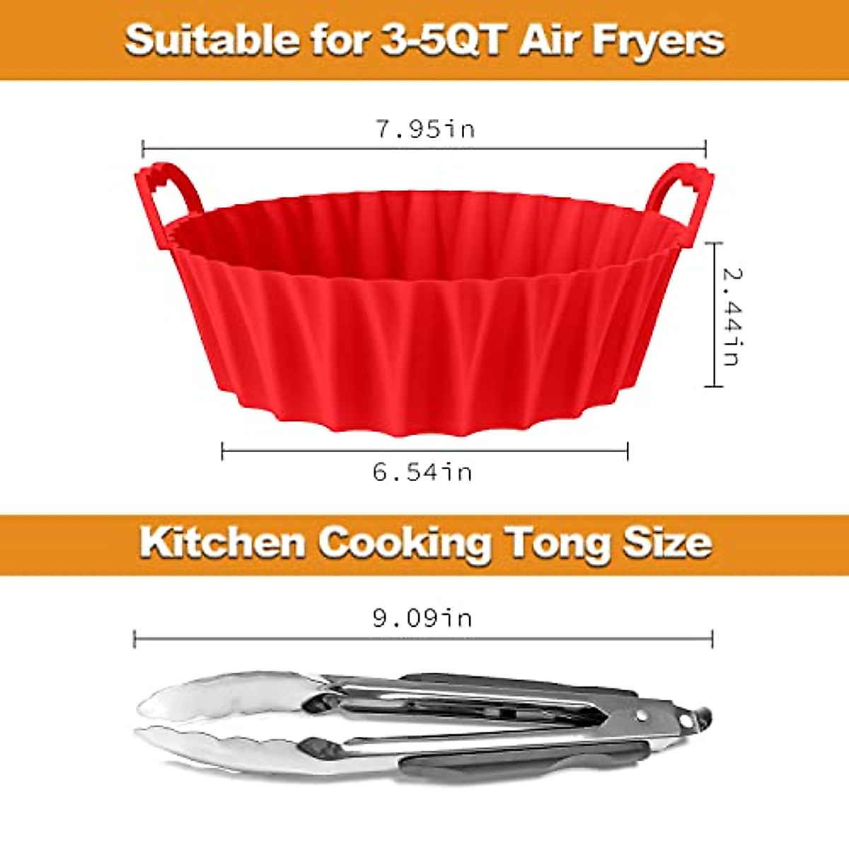 2-Pack Silicone Air Fryer Liner, 8inch Reusable Air Fryer Basket Food Safe Air Fryers Oven Accessories Easy Cleaning Air fryers Silicone Pot Round for 3 to 5 QT Air Fryer with Kitchen Cooking Tong