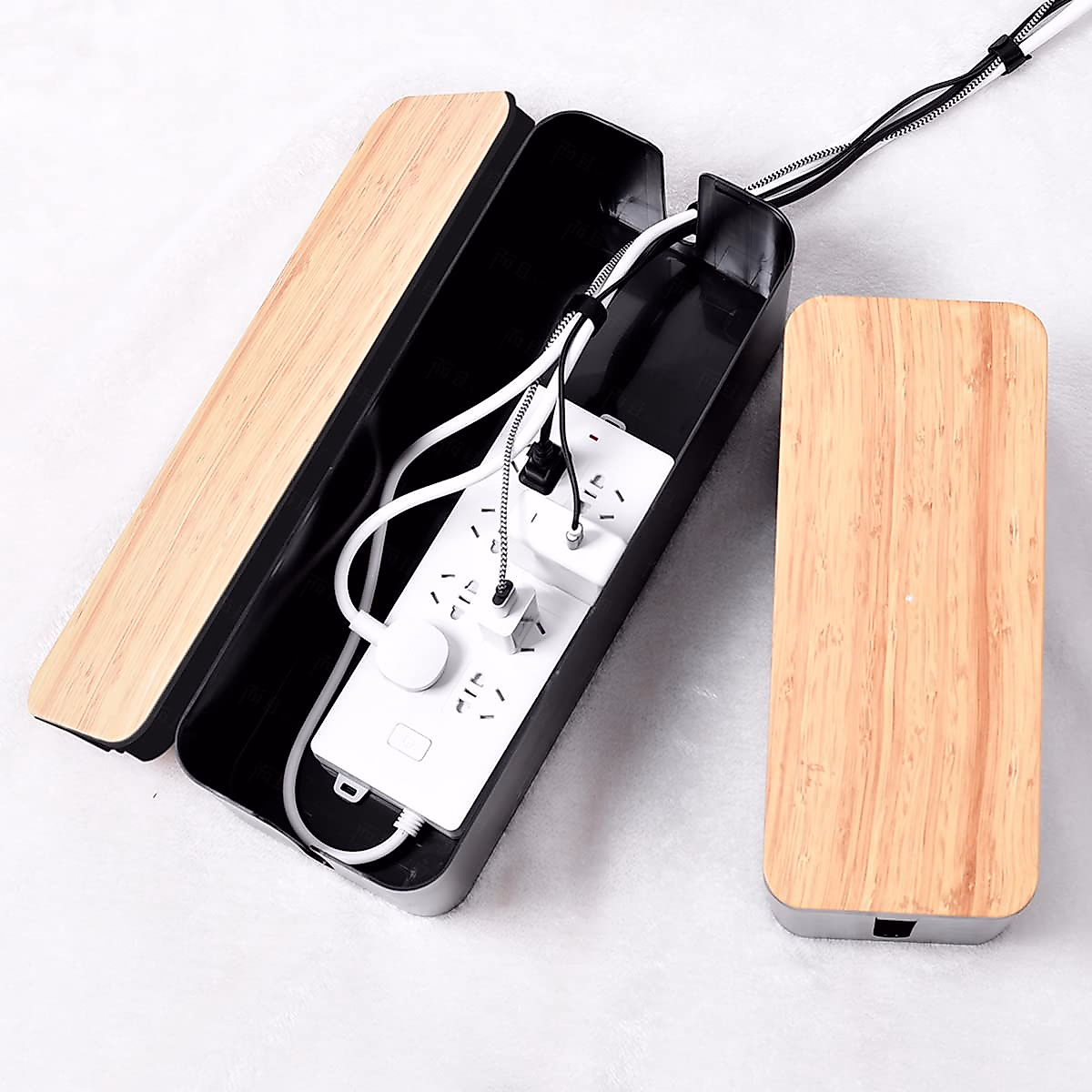 Cable Management Box, 2 Pack Large & Medium Bamboo Style Cable Organizer Box with 17 PCS Cable Management Set, Cord Organizer Box to Hide Surge Protector on Desk or Floor (Black)