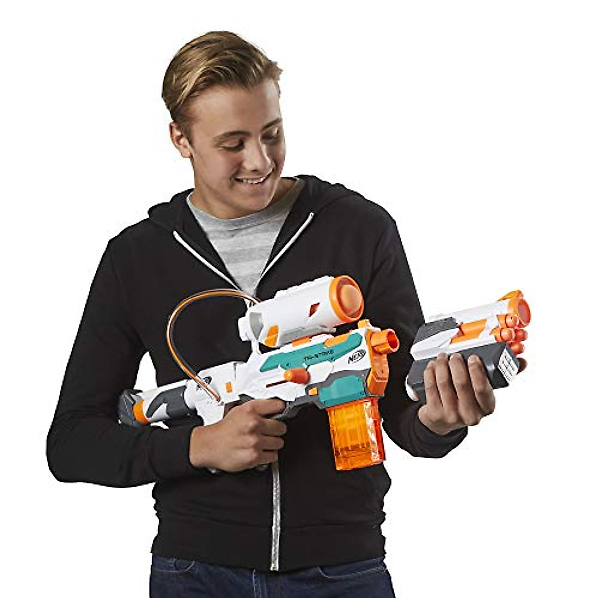 Nerf Modulus Tri-Strike Blaster, Mega Barrel, Rocket Launcher, Clip, 10 Elite Darts, 4 Mega Darts, 1 Rocket, Kids Outdoor Games (Amazon Exclusive)