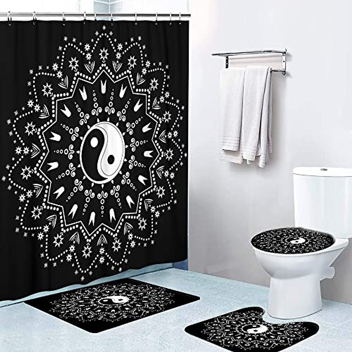 HODKHNO Yin Yang Mandala Shower Curtains Sets with Non-Slip Rugs, Toilet Lid Cover and Bath Mat Waterproof Bathroom Decor 4Pcs Set (72 x 72In)