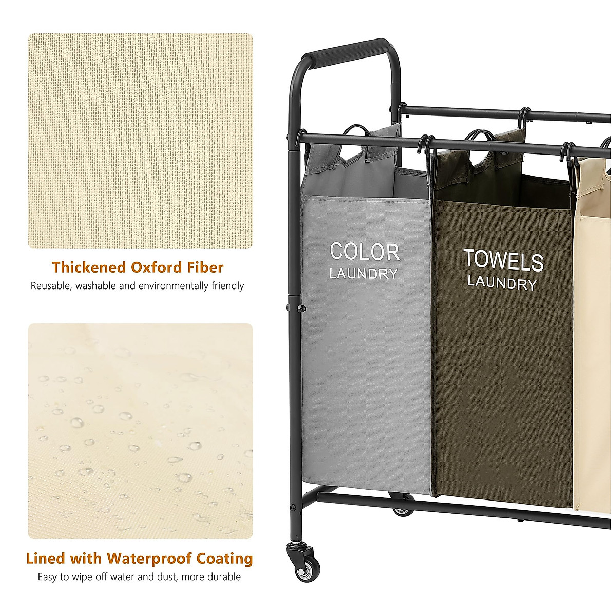 3 Bag Laundry Sorter Cart with Storage Shelf 3 Section Laundry Hamper Sorter with Lockable Rolling Wheels Laundry Separator Basket with Removable Bags for Dirty Clothes Storage