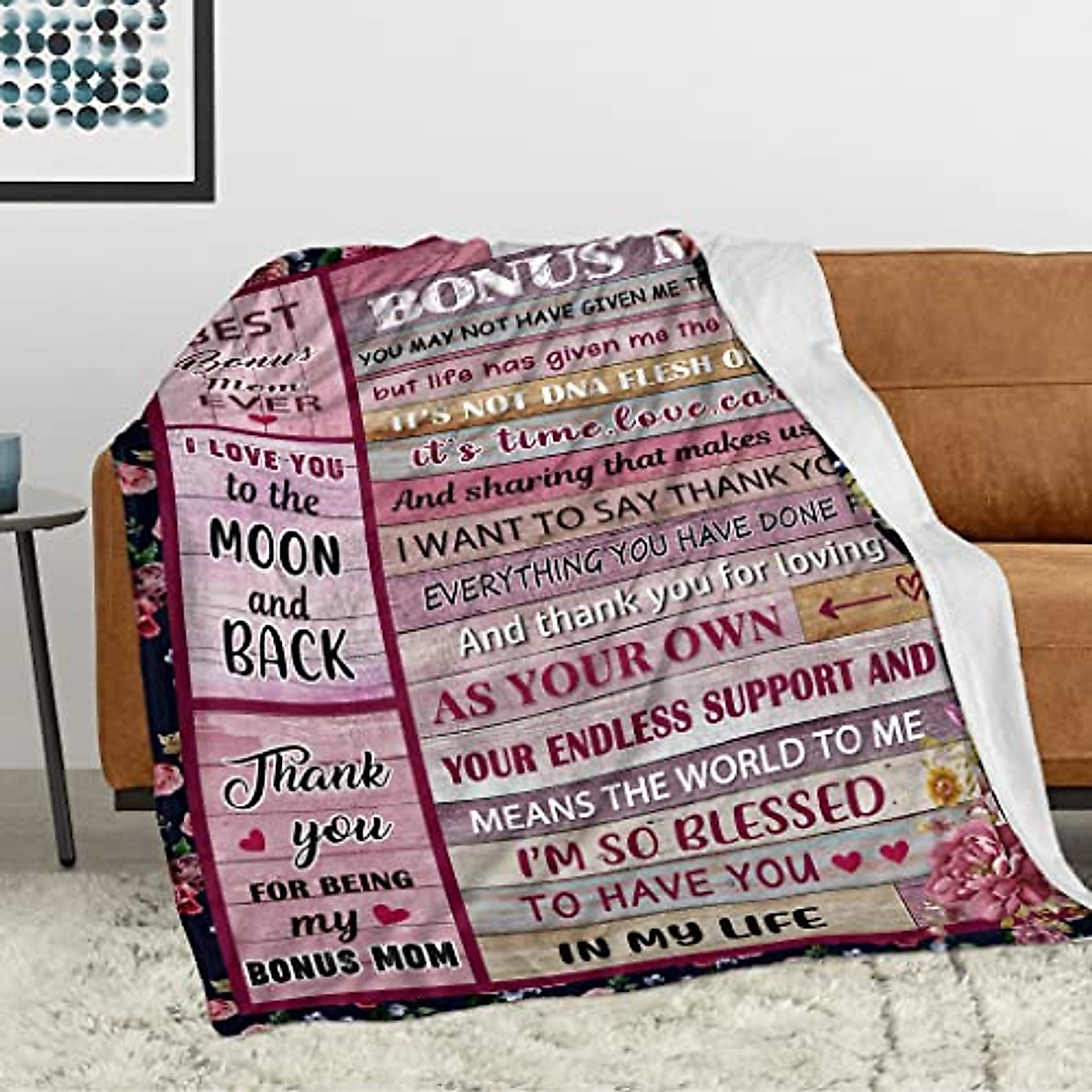 Bonus Mom Stepmom Gifts Blanket from Bonus Daughter Son, to My Bonus Mom Blankets for Birthday, Step Mom Gifts Soft Flannel Throw Blanket 50"x60"