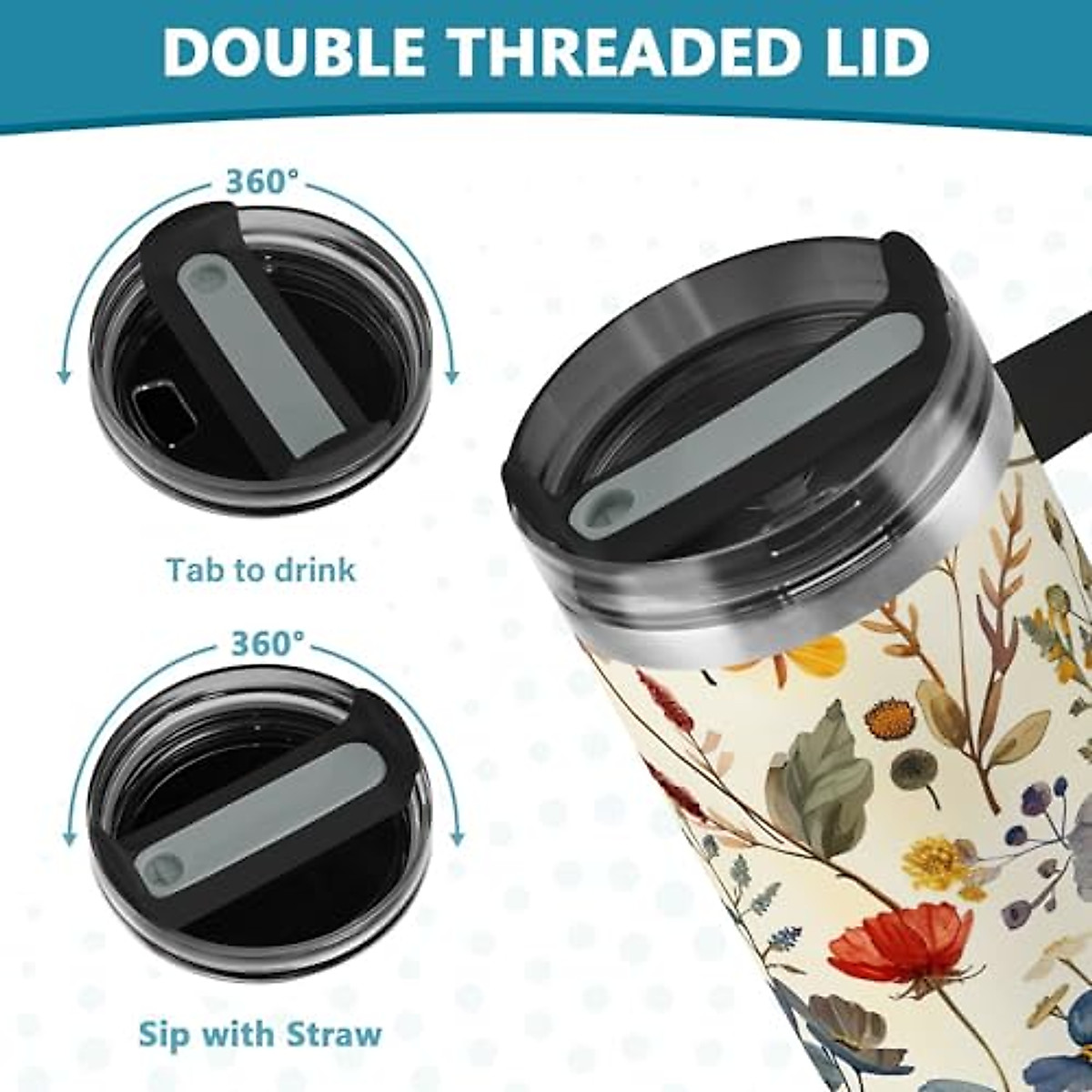 FRCSDIY Beautiful Flowers Insulated Tumbler with Handle and Straw Lid,30oz Leakproof Stainless Steel Cup BPA-Free Water Bottle