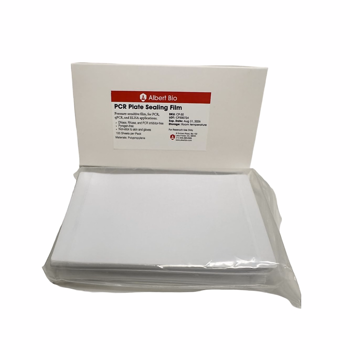 PCR Plate Sealing Film, Pressure-Sensitive Adhesive, Optically Clear Plate Sealing Film, for PCR, qPCR, and Elisa Applications. Materials: Polypropylene. 100 Sheets per Pack. Microplate Sealing Tape.