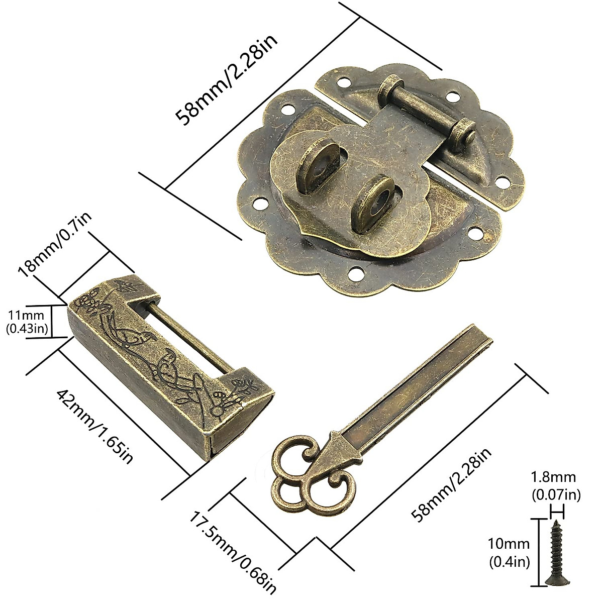 JianLing Antique Furniture Jewelry Box Buckle Toggle Catch Lock (58mm x 58mm) with Mounting Screws and Zinc Alloy Flower Bird Lock (42x11x18mm) with Key