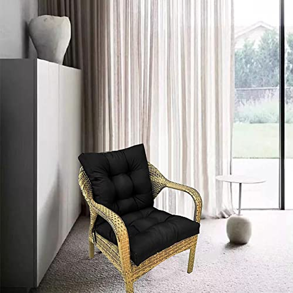 SEAHOME Waterproof Outdoor Seat Back Chair Cushion, Spring/Summer Seasonal All Weather Replacement Cushions, Tufted Pillow Rocking Chair Cushion Indoor,High Back Cushion with Ties (Black)