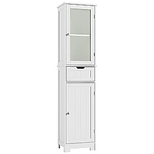 HORSTORS Bathroom Storage Cabinet with 2 Doors & 1 Drawer, Floor Freestanding Narrow Tall Cabinet with Adjustable Shelves for Living Room, Bedroom, White