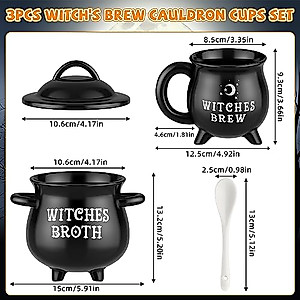 Skylety 3 Pcs Witch's Brew Cauldron Cups Include 1 Set 17 Oz Witches Broth Cauldron Coffee Mug with Spoon and Cover 2 Pcs 12 Oz Witches Brew Black Ceramic Cauldron Mug Halloween Mug Drinkware