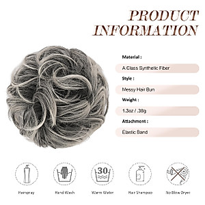 FESHFEN Messy Bun Hair Piece - Elastic Wavy Curly Hair Bun Scrunchies Extensions Synthetic Chignon Hairpieces for Women Girls, Gray and White Tips 1 PCS