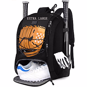 MATEIN Baseball Bag, Large Softball Bag with Shoe Compartment, Bat Bags for Men and Adult, Baseball Backpack with Fence Hook Hold TBall Bat, Batting Mitten, Helmet, Teeball Gear, Black