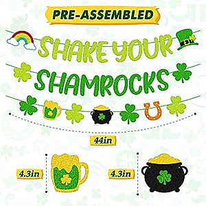 St Patrick Day Banner Shake Your Shamrocks Banner Happy St Patrick Party Garland Decoration Glitter Green Three Leaf Clover Shamrocks Garland for Irish Day Birthday Baby Shower Engagement Bridal Shower Bachelorette Party Anniversary Celebration Supplies