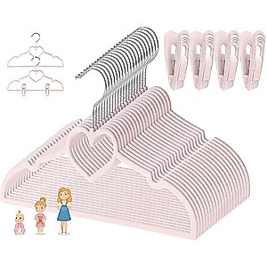 Kids Pink Velvet Clips Hangers - 13inch 50 Pack Toddler Hanger with 20pcs Movable Clips, Stackable Non-Slip Heart Flocked Hangers Fit for Baby and Children Clothes, Heavy-Duty and Space-Saving(Silver)