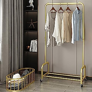 KDFWYDS Metal Coat Rack Stand with Basket Free Standing Garment Rail with 360° Wheels Clothes Rack for Hall, Entryway, Bathroom and Living Room (Color : Gold, Size : 60cm)