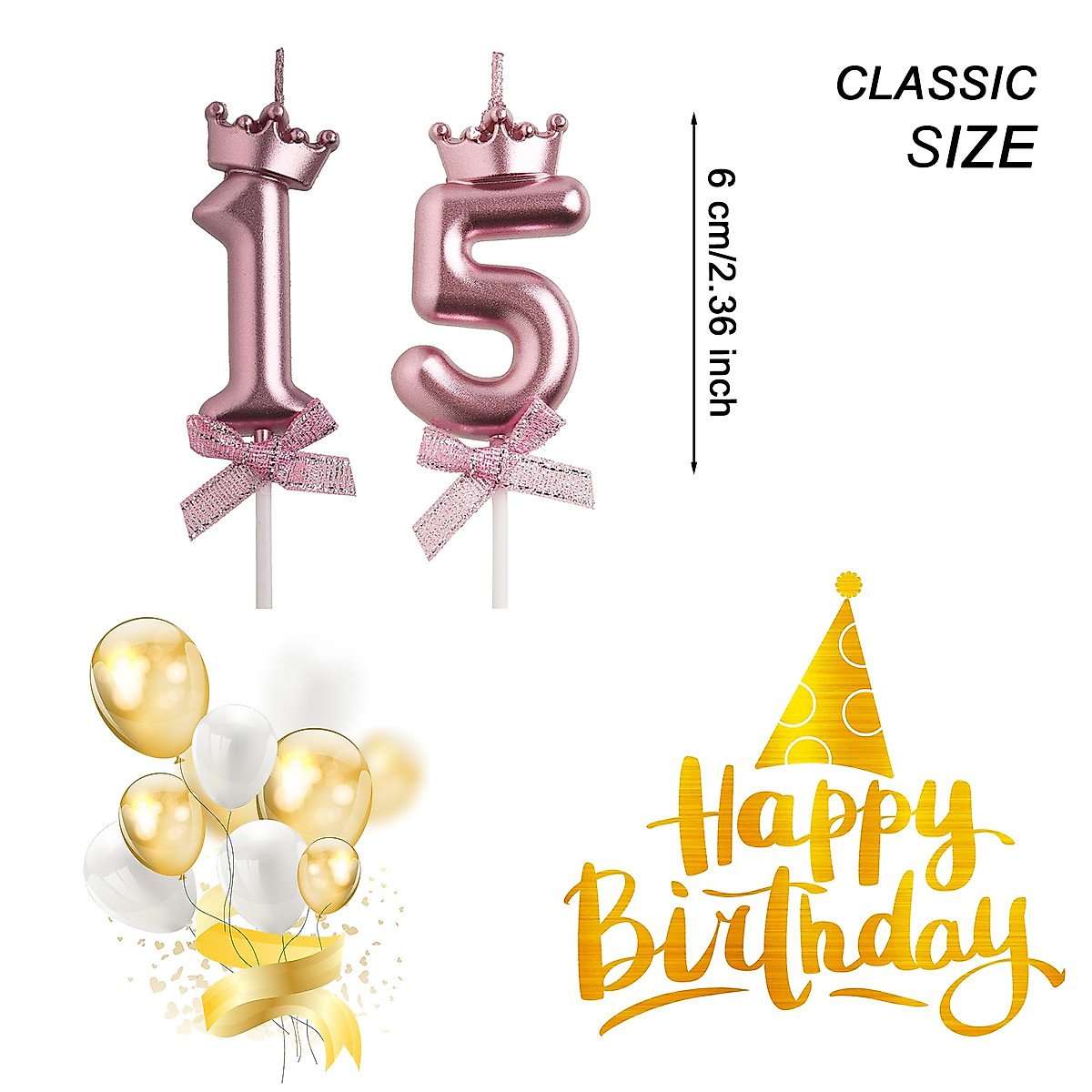 AOOLADA 15th Birthday Candles, Rose Gold 3D Number 15 Happy Birthday Candle with Crown, Cake Topper Decorations for Teenagers Boys Girls