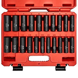 NEIKO 02431A 3/8” Drive SAE and Metric Deep Impact Socket Set | 21 Pieces | SAE 5/16” to 3/4” | Metric 7mm to 19mm | Premium Cr-V Steel | 6-Point Hex Design | Corrosion Resistant Coating