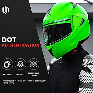 ILM Motorcycle Helmets Modular Dual Visor Flip-up Full Face Street Bike Racing Helmet DOT 5 Colors Model 808 (M, Green)
