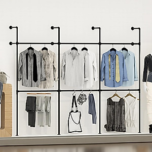 KELIXU Industrial Pipe Clothing Rack Height Adjustable Garment Rack for Hanging Clothes, Heavy Duty Iron Clothes Rack with Double Rods, Wall Mounted Walk in Closet Systems (Three, Black)