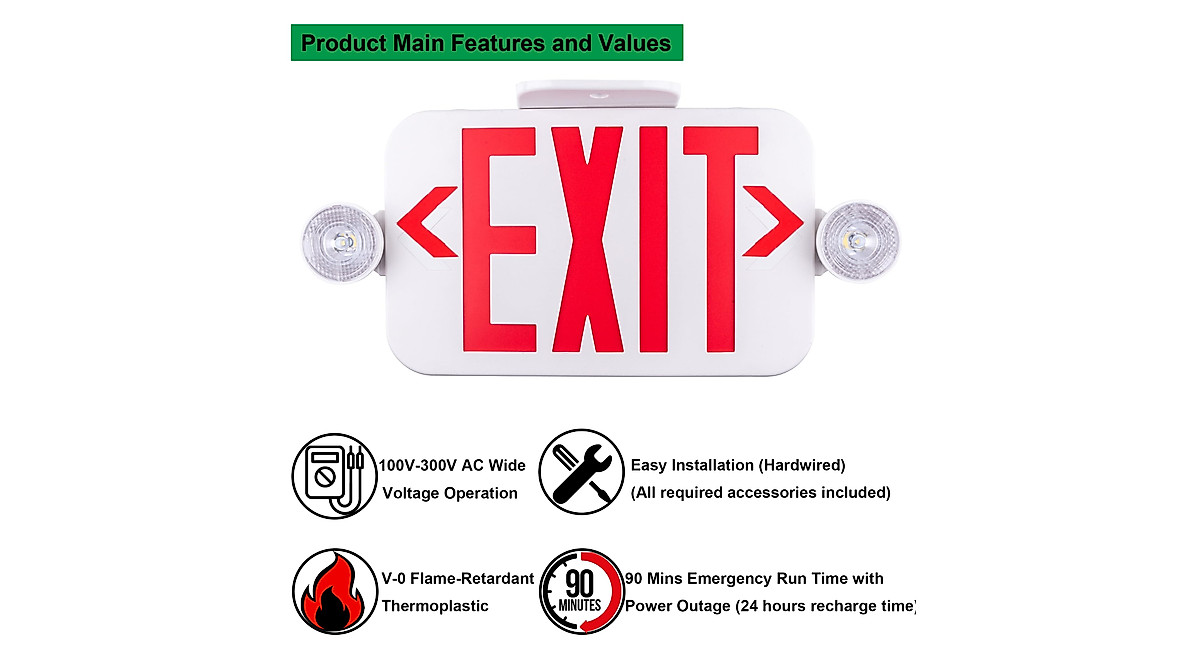 LIT-PaTH LED Exit Sign Combo with Adjustable Lights - UL Listed 4-Pack