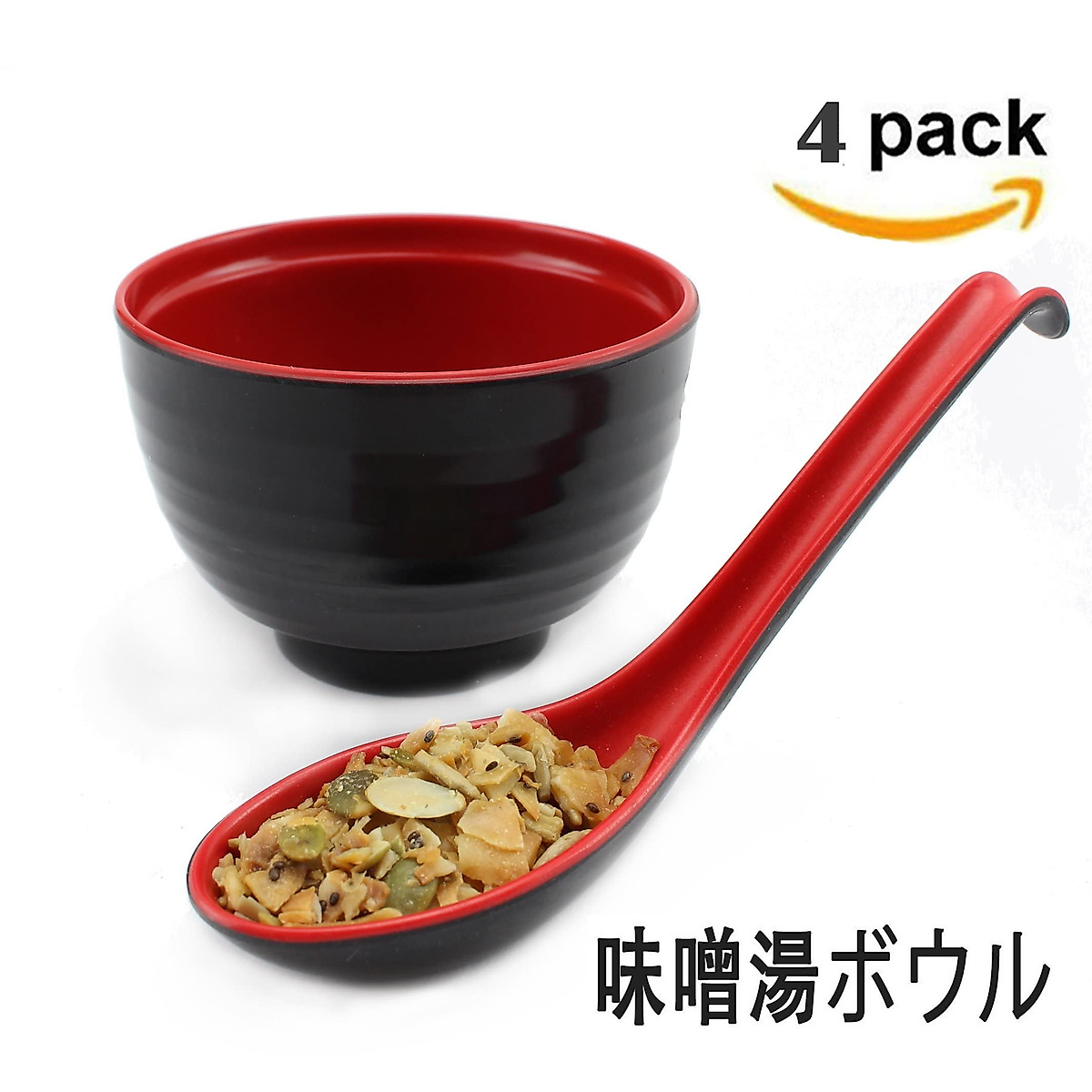 [Set of 4] 味噌湯ボウル Japanese Large Melamine Noodle Soup Bowls and Spoons (Red and Black) Tableware