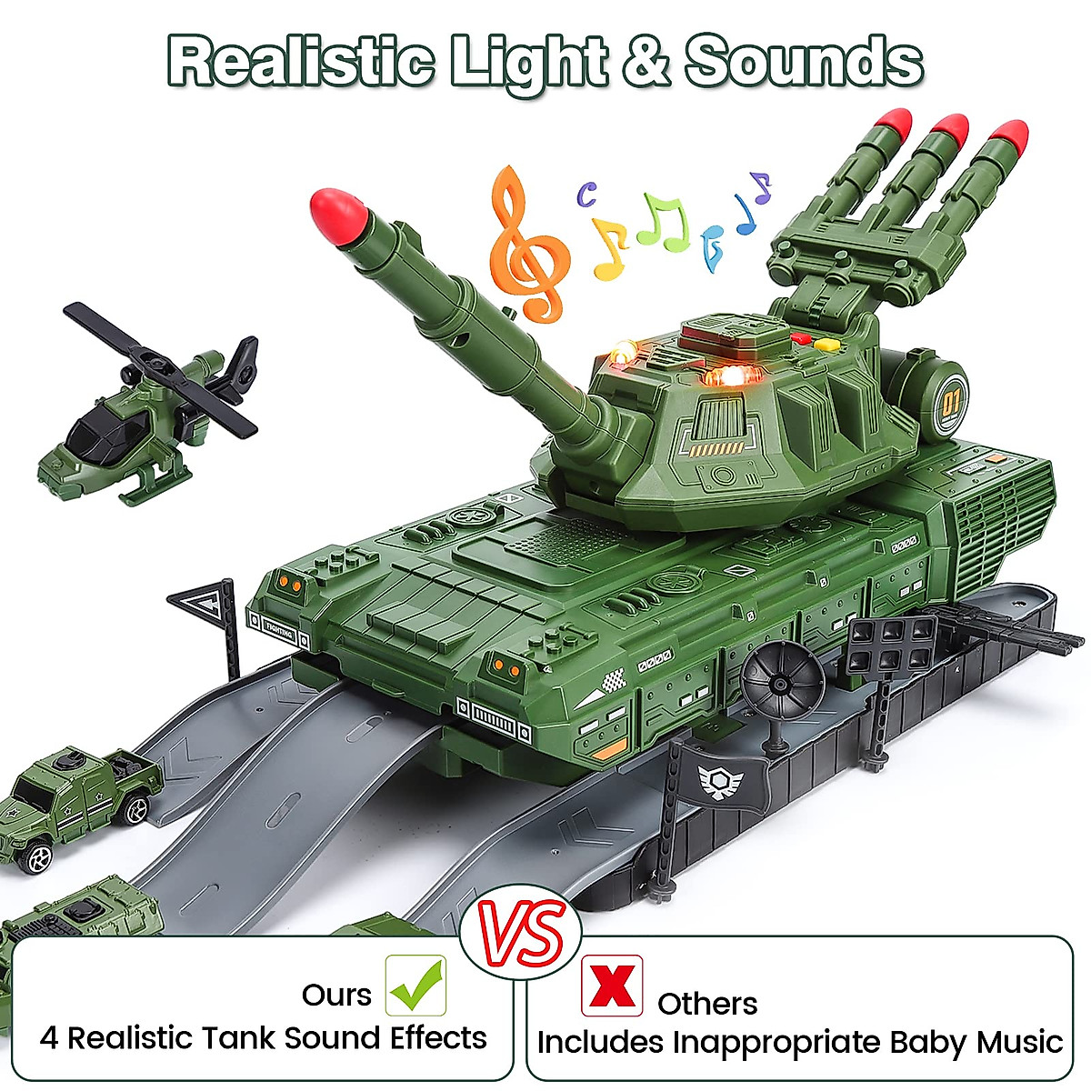 Tank Toys for 3 4 5 6 7 8 Year Old Boys - Army Toys Tank with 6PCS Alloy Die-Cast Army Vehicles, Kids Military Tank with Light, Sound & Missiles Shooting, Christmas Birthday Gift for Kids