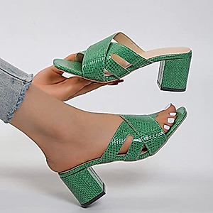 Womens Wedges Sandals Tan Women Sandals Summer Pattern Solid Open Toe Thick Heel Square Heel Slip On Shoes (Green, 7.5)