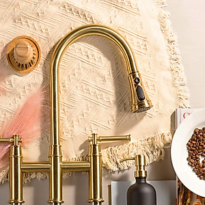 Brushed Gold Bridge Kitchen Faucet with Pull Down Sprayer, Lava Odoro Transitional Brass Kitchen Sink Faucet 3 Hole 2 Handle Spot-Resistant, Lead-Free, KF501-SG