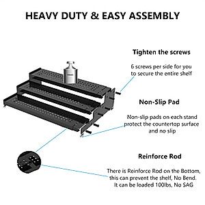 Wobmmi Expandable Spice Rack organizer with 3-Tier step shelf,Modern Design heavy duty,Non Skid and Visibility,Great for Kitchen Cabinet, Pantry and more(1PACK/BLACK)