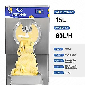 Mvckyi Commercial Hard Ice Cream Machine with faucet, 60L/H Gelato Hard Serve Ice Cream Maker with Digital Control Panel, Frozen Fruit Yogurt Batch Freezer for Restaurant Snack Bar Cafe, 3000W