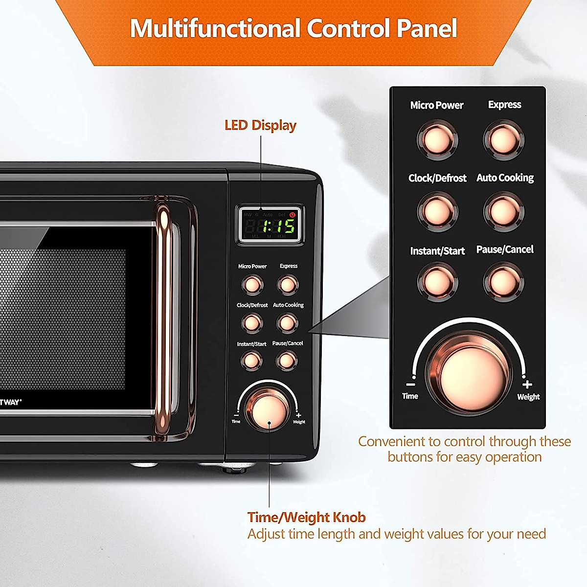 Moccha Compact Retro Microwave Oven, 0.7Cu.ft, 700-Watt Countertop Microwave Ovens w/5 Micro Power, Delayed Start Function, LED Display, Child Lock (Black)
