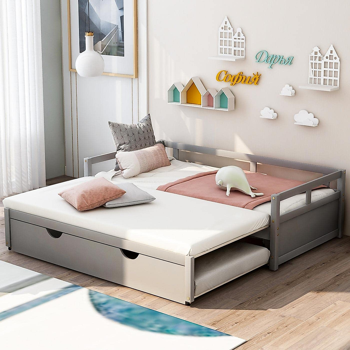 Wood Daybed with Pull Out Trundle, Extending Twin to King Daybed Frame for Boys/Girls/Teens/Adults, Tundle Daybed for Bedroom Dorm Small Place, No Box Spring Needed, Gray 78.1''L x 41.8''W x 23.2''H