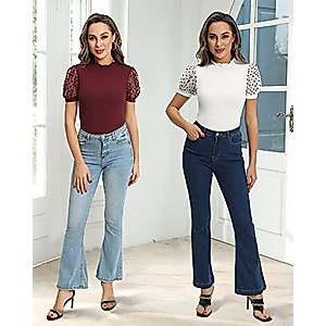 MANGOPOP Women's Bodysuit Ruffle Mock Turtle Neck Polka Dot Sheer Mesh Puff Short Sleeve Slim Fit Body Suit Tops Casual Sexy (L, B Short Sleeve White)