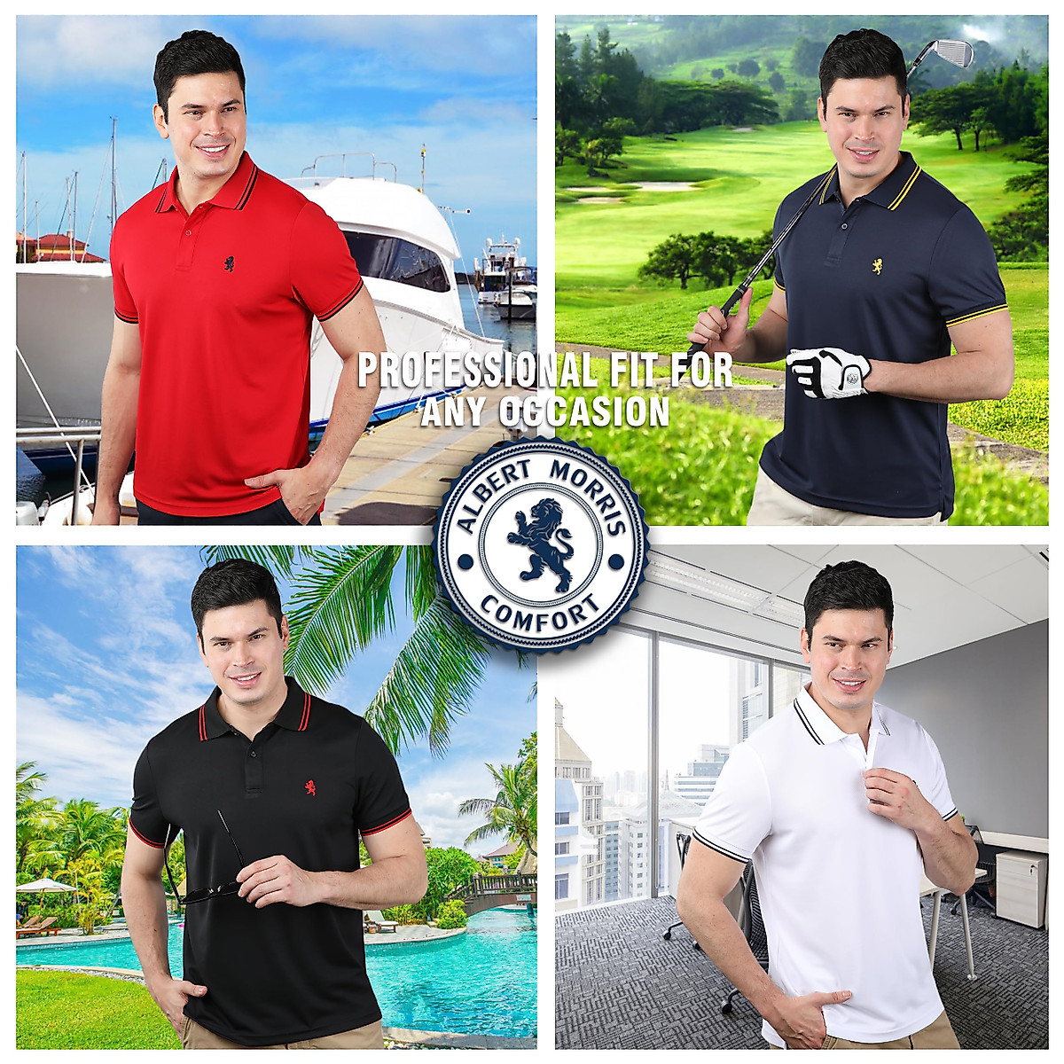 Albert Morris Mens Striped Short Sleeve Polo Shirts 4 Pack (American Classics, Medium)