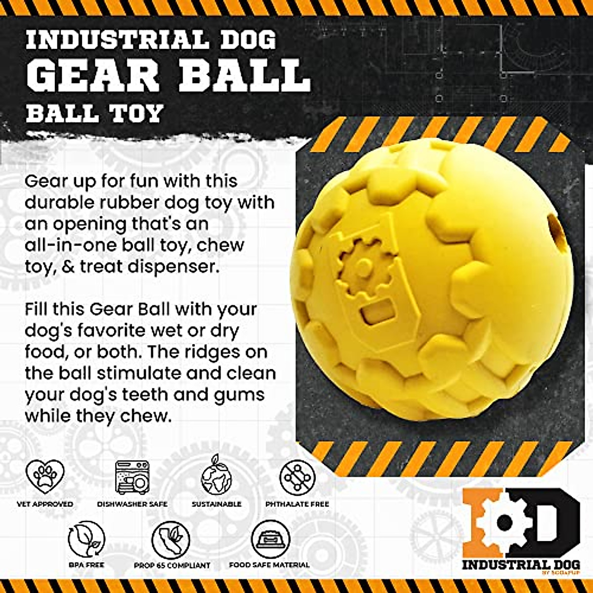 SodaPup Industrial Dog Gear Ball – Durable Ball Toy, Chew Toy, & Treat Dispenser Made in USA from Non-Toxic, Pet-Safe, Food Safe Natural Rubber Material for Bonding, Mental & Physical Exercise, & More
