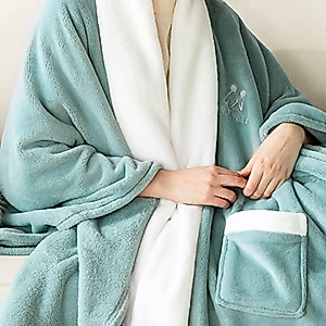 Kingole Flannel Fleece Wearable Blanket with Sleeves for Adults, Soft Plush Cozy Throw Blanket with Pockets for Men and Women, Warm Wrap Blanket for Sofa Lounge Home Office, Machine Washable, Celadon