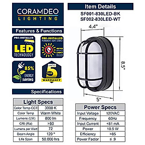 CORAMDEO Outdoor 8.5” Oval LED Nautical Bulkhead Light, Flush Mount for Wall or Ceiling, Wet Location, 75W of Light, 800 Lumens, 3K, White Cast Aluminum with Frosted Glass Lens