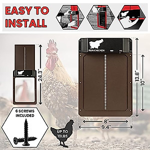 RUN-CHICKEN Door (Brown) Automatic Chicken Coop Door, Programmable with App, Battery Operated, Evening and Morning Delay, Aluminum Door, Electric Chicken Run Door, Model T50