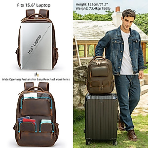 Masa Kawa Full Grain Leather 15.6” Laptop Backpack for Men Vintage Large Travel Rucksack Bag School Bookbag Daypack