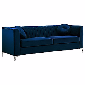 Meridian Furniture Isabelle Collection Modern | Contemporary Channel Tufted, Velvet Upholstered Sofa with Custom Chrome Legs, Navy, 86.5" W x 35.5" D x 31" H