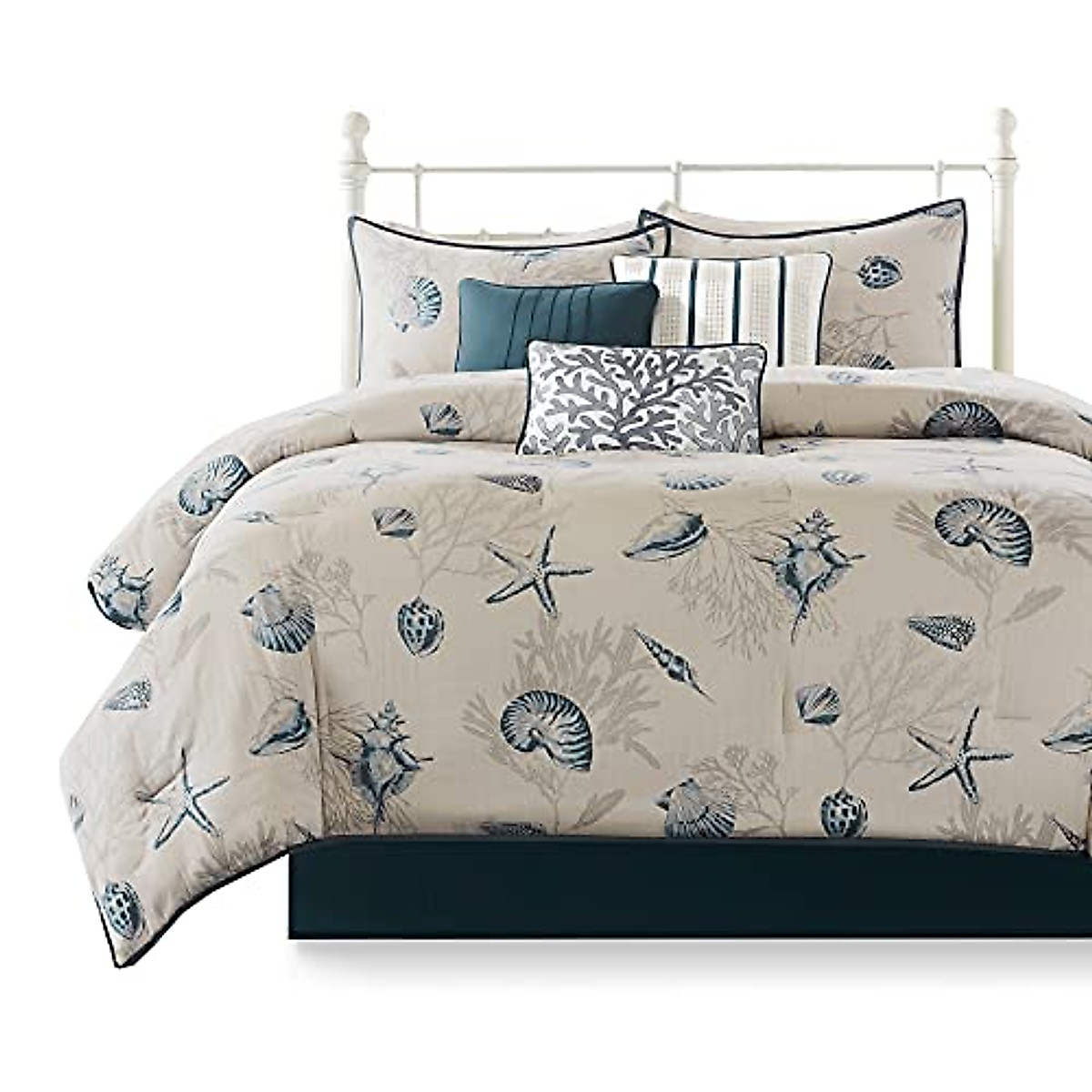 Madison Park 100% Cotton Comforter Set - Coastal Coral, Starfish Design All Season Down Alternative Cozy Bedding with Matching Shams, Decorative Pillow, King(104"x92"), Taupe 7 Piece