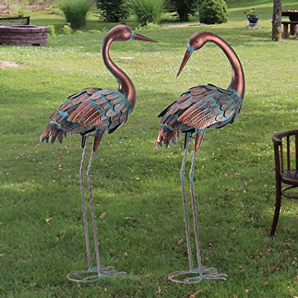 chisheen Crane Garden Statues Outdoor Metal Heron Yard Art Bird Sculpture for Lawn Patio Large Size, Set of 2