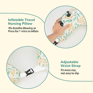 Pripher Nursing Pillow for Breastfeeding, Inflatable Travel Breastfeeding Pillows for Mom, Portable Baby Feeding Pillows with Adjustable Waist Strap & Removable Cover, Green Garden