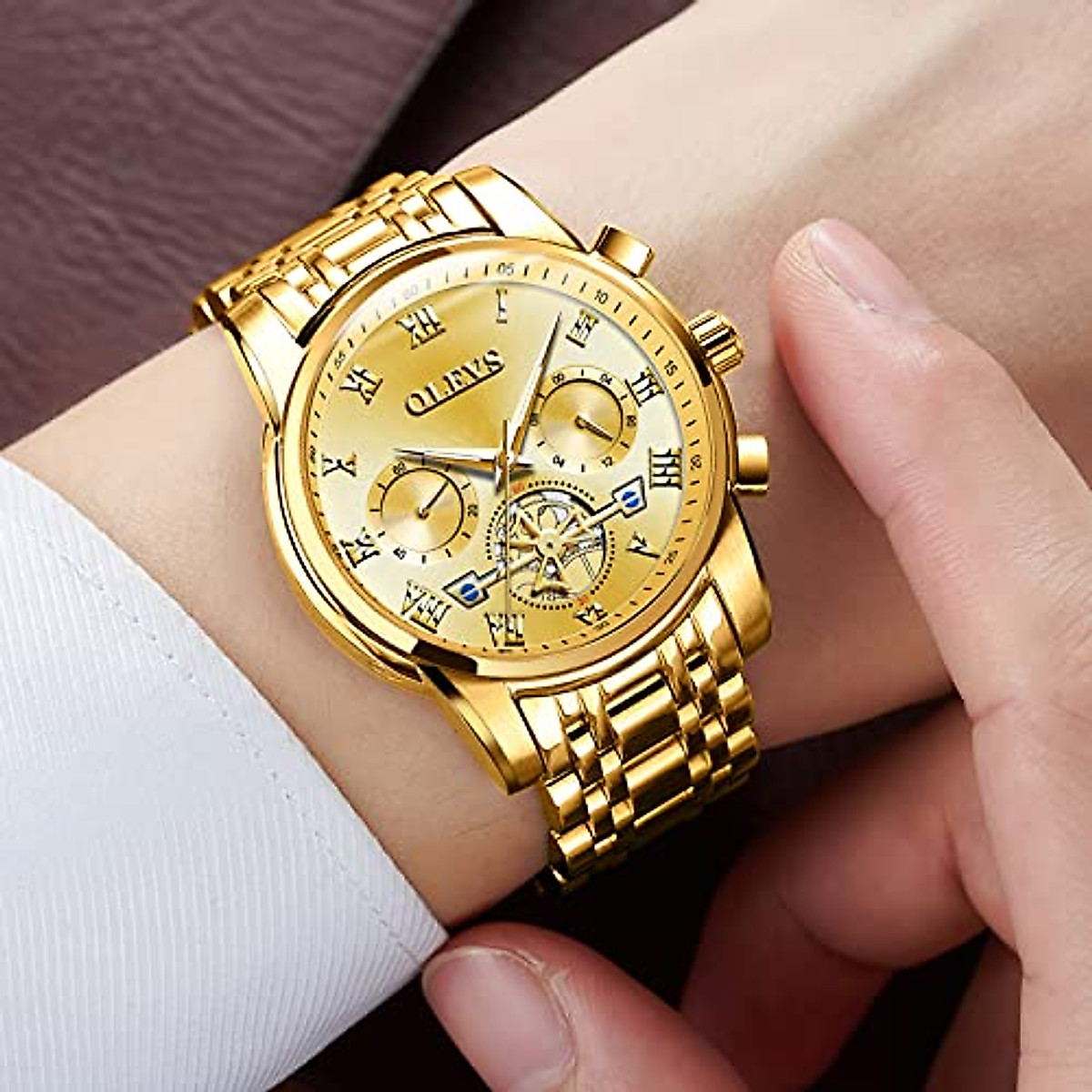 OLEVS Gold Watches for Men Men's Wrist Watches Gold Watch Men Luxury Dress 14K Gold Plated Stainless Steel Watch for Men Waterproof Quartz Gold Watch Classic Mens Watches Gift,relojes para Hombres