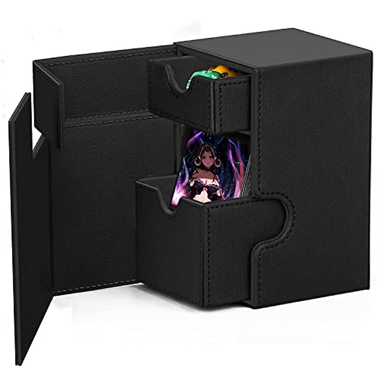 Scimi Deck Box for Trading Card Games, MTG Commander Deck Box Comtains 100 Double Sleeved Cards, Leather Card Storage Case Fits TCG CCG Cards (Black Inner Layer)
