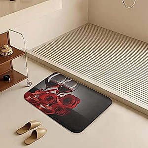 Coral Velvet Bath Rugs Non Slip Shower Mat for Bathroom Absorbent Kitchen Floor Carpet,1 PCS,Red Wine Glasses Red Rose Heart White 19.7x31.5 Inch