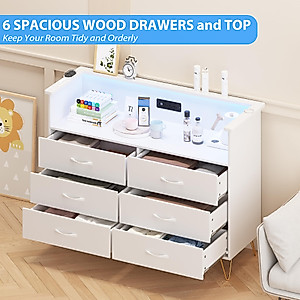 White Dresser for Bedroom with Power Outlet & LED Light, 6 Wooden Drawers Dressers with 2-Tier Open Shelves, Modern Chest of Double Wide Drawers for Living Room, Entryway, Hallway TV Stand