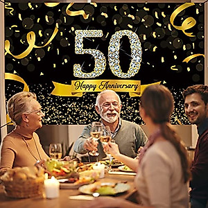 DARUNAXY Black Gold 50th Anniversary Party Decorations Happy 50th Anniversary Banner Cheer to 50 Years Backdrop 50 Wedding Anniversary Party Supplies for Parent 50th Anniversary Photography Background