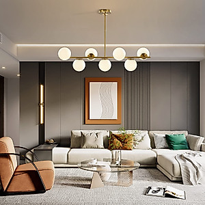 KCO Lighting Modern Brass Linear Chandelier Pendant Light 7-Lights Gold and White Glass Pendant Lighting Mid Century Globe Dining Light Fixture for Living Room Kitchen