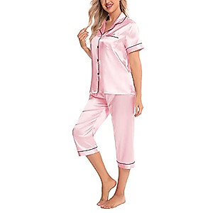SWOMOG Womens 3 Piece Silk Satin Pajamas Short Sleeve Pjs Sets Shorts and Capri Bottom Pajama Pants Loose Outfit Sleepwear Pink